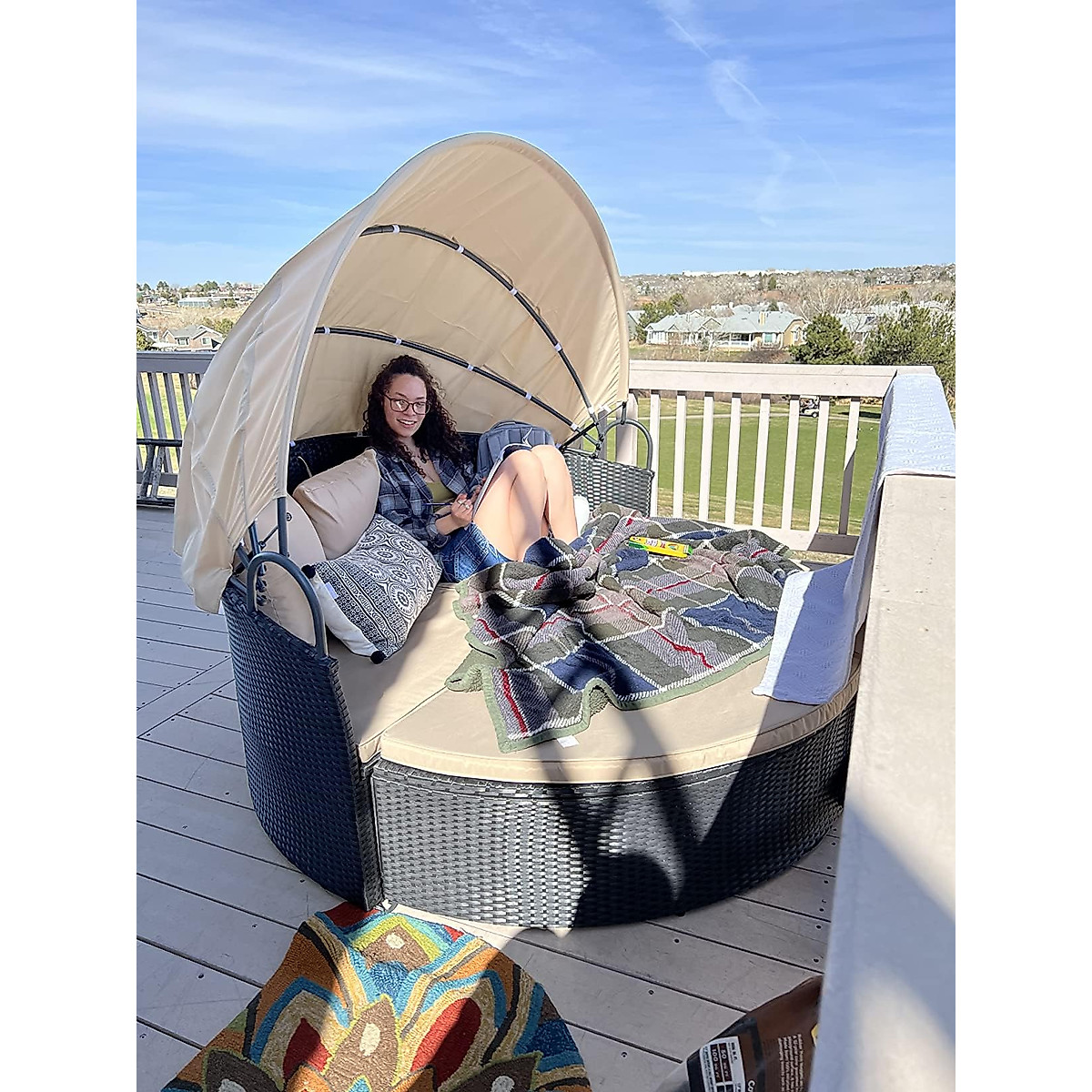 Sqodok Outdoor Daybed Cushion Cover 66" Patio Daybed Cushion Cover Waterproof with Elastic Band Outdoor Round Daybed Cushion Cover Replacement, Cover ONLY, Tan