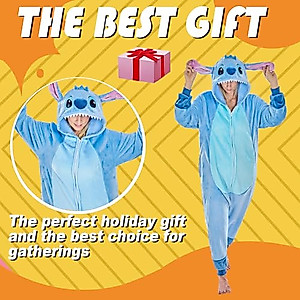 Adult Onesie Pajamas Unisex One Piece Outfits For Women Men Cosplay Halloween Sleepwear (Blue, Large)