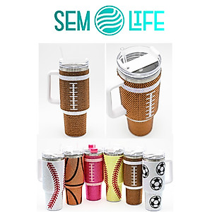 SEM LIFE 40 Oz Rhinestone Bling Tumbler Cup with Handle and Straw (FOOTBALL), Stainless Steel and Double Wall Insulated, Stand Out and Shine at Parties, Ball Games, Tailgating, Office, Daily Life