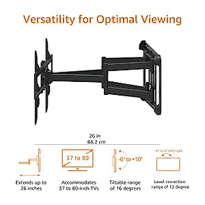 Amazon Basics Heavy Duty Extension Dual Arm, Full Motion Articulating TV Mount for 37" to 80" TVs up to 132 lbs, Fits LED LCD OLED Flat Curved Screens, Black