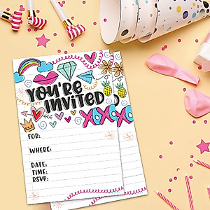 Fun Girl Doodles Invitations (20 Count) With Envelopes - Pre Teen - Tween Birthday Invitations