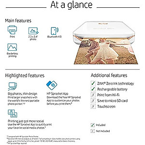 HP Sprocket Plus Instant Color Photo Printer, Print 30% Larger Photos on 2.3x3.4 Sticky-Backed Paper – White (2FR85A)