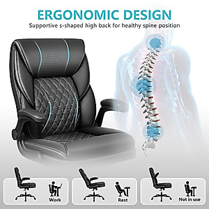 BestEra Office Chair, Executive Leather Chair Home Office Desk Chairs, Ergonomic Computer Desk Chair with Adjustable Flip-Up Arms, Lumber Support Swivel Task Chair with Rocking Function (Black)
