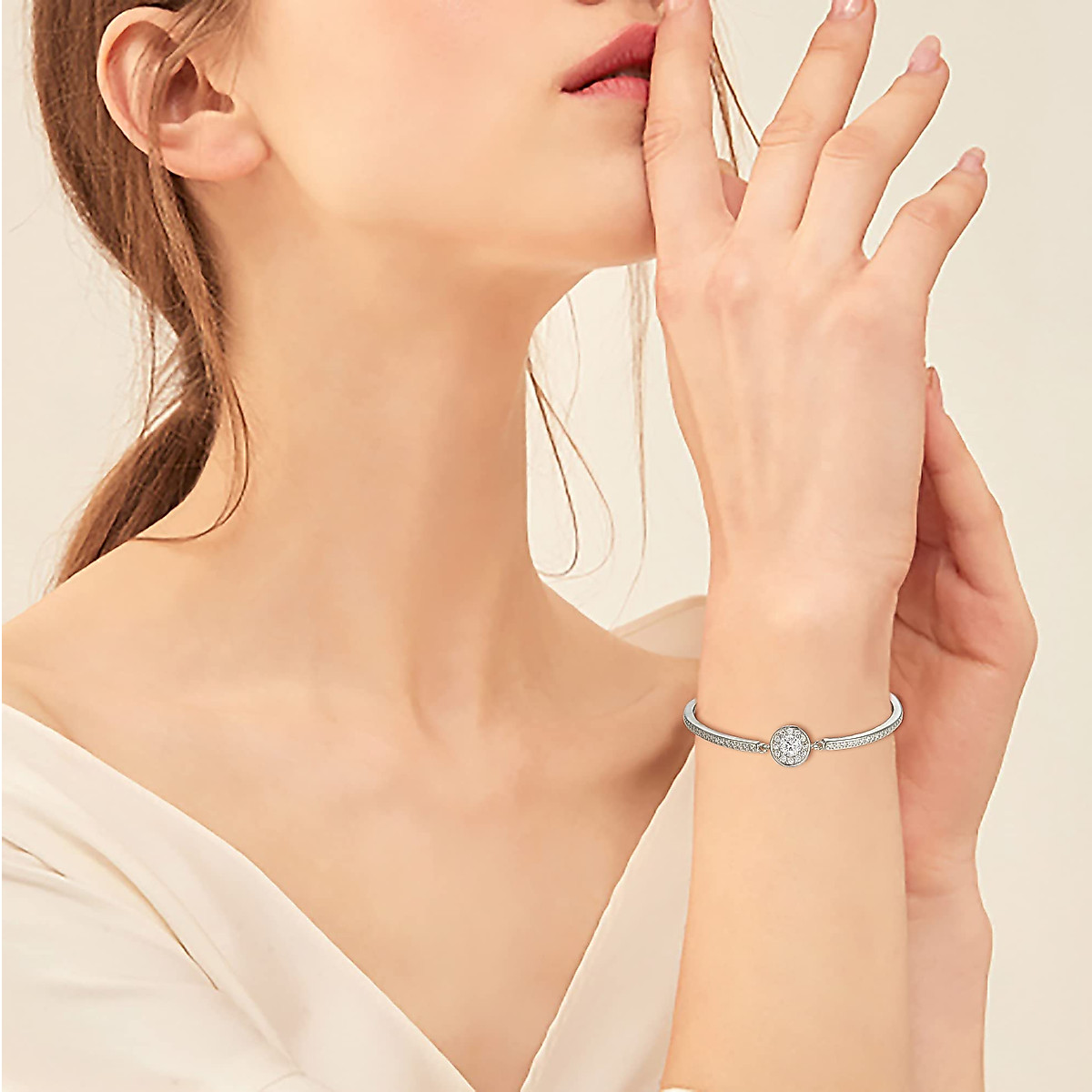 EVER FAITH Woman's Wedding Jewelry Gorgeous White CZ Birthstone Solitaire Wrist Bangle Bracelet Link for Bride, Bridesmaids