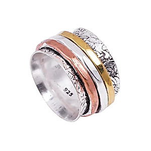 DAMRU 925 Sterling Silver Plated Spinning Spinner Handmade Oxidized Concave Boho Band Meditation Relief Rings (12)