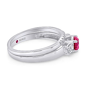 GEMVIO Collection Three Stone Ring, 5MM Round Lab Created Ruby Gemstone & Natural Diamond In 14K White Gold Over Sterling Silver Engagement Anniversary Wedding Bridal Set Ring(0.80Cttw)-7