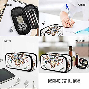 Yakuna Cow Skull Pencil Case Organizer Watercolor Bull Head Flowers Ribbon Feathers Plant Boho Style Pen Bag High Capacity for Office Women Adult Teen Gift