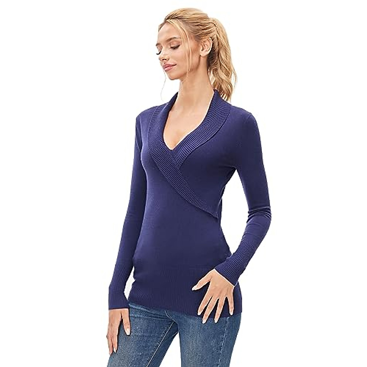 AmélieBoutik Women Shawl Collar V Neck Faux Wrap Long Sleeve Tunic Sweater (Blue Large)
