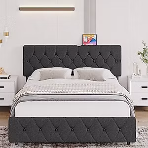 KIETLER King Size Bed Frame with Type-C & USB Ports， Adjustable Headboard， Upholstered Platform with Wooden Slats Support, Linen Fabric Wrap No Box Spring Needed, Easy Assembly, Dark Grey