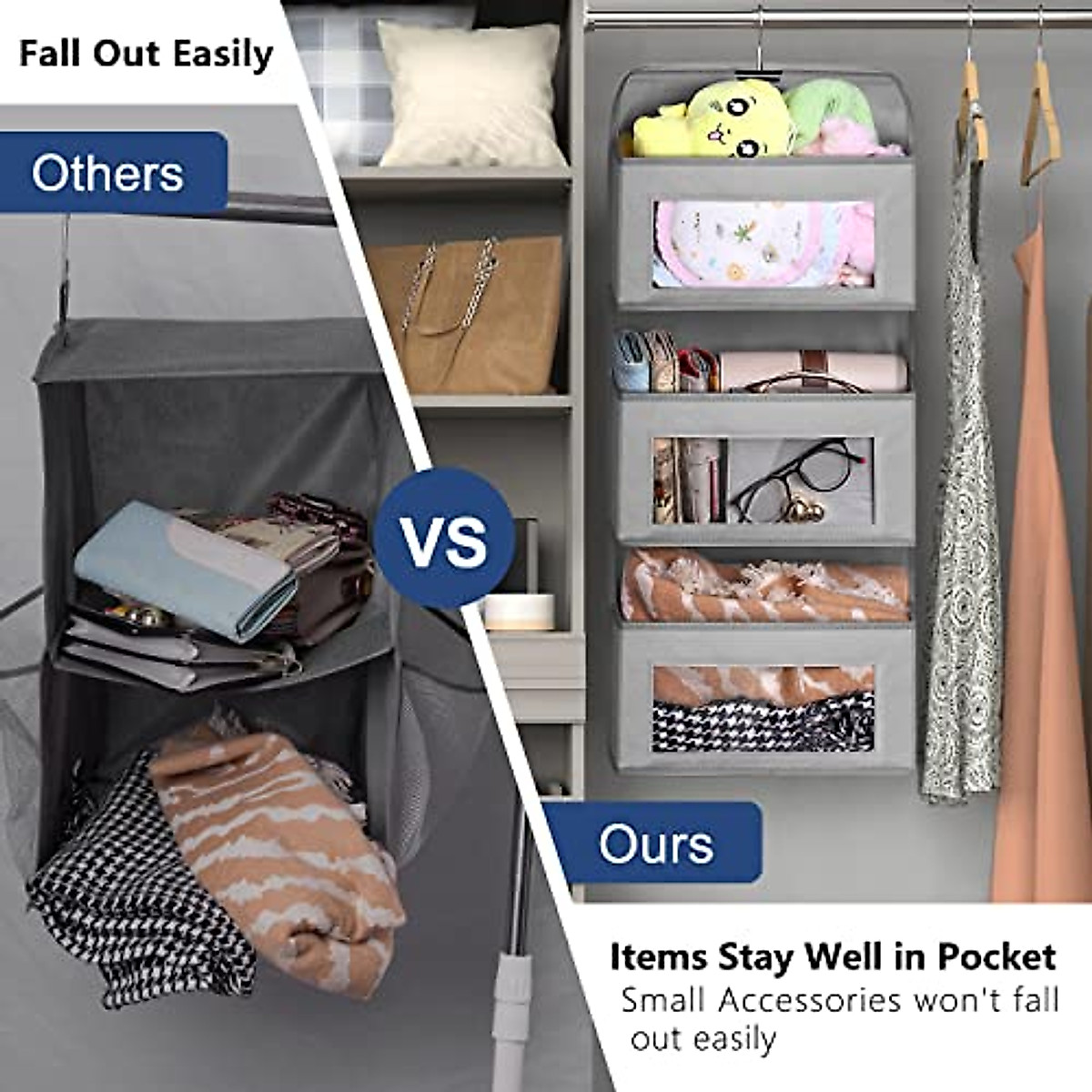 KIMBORA Dual Sided Hanging Closet Organizer and Storage Shelves with 6 Large Clear PVC Pockets Kids Clothes Organizer for Nursery, Camper, RV, Bathroom (Gray)