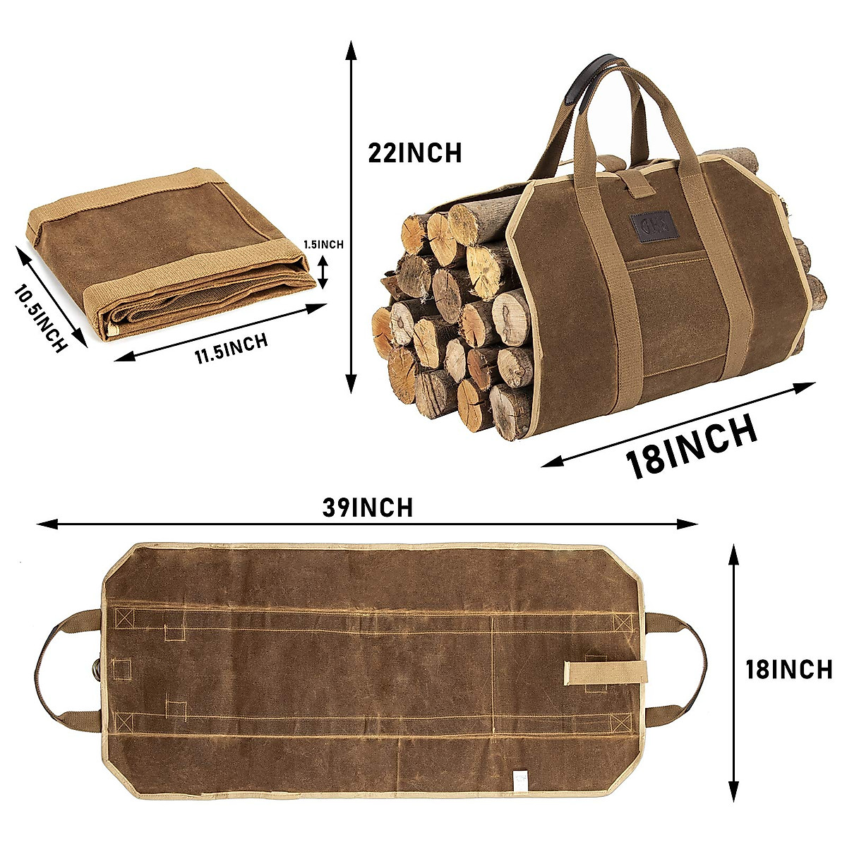 BHD Firewood Fireplace Carrier Logs Tote Holder 20 oz Waxed Canvas Sturdy Bag with Handles for Camping Indoor Outdoor Brown