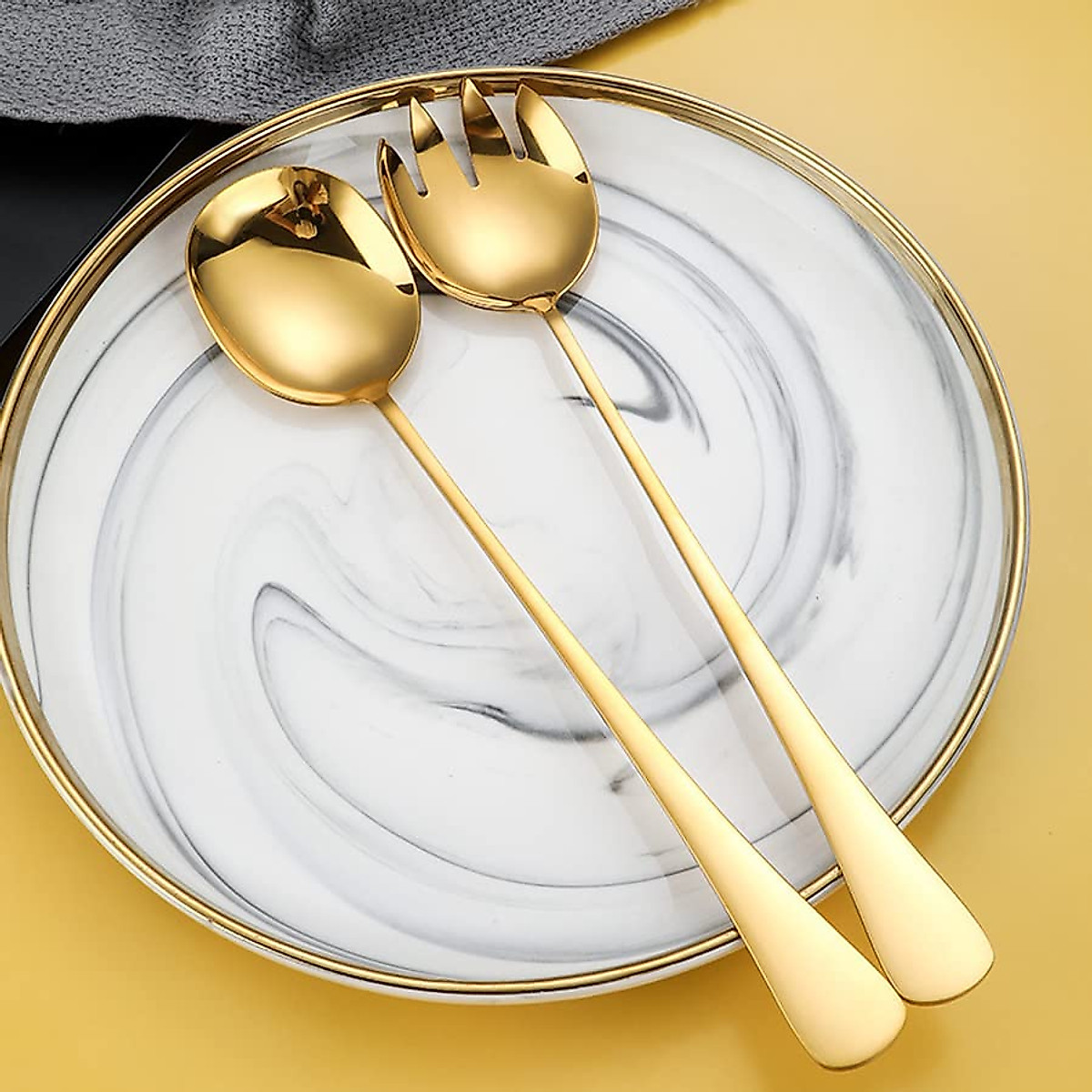 ARFUKA Salad Servers Salad Serving Sets Stainless Steel 11" Buffet Salad Spoon and Salad Fork Dishwasher Safe Large Metal Serving Utensils Gold, Set of 3