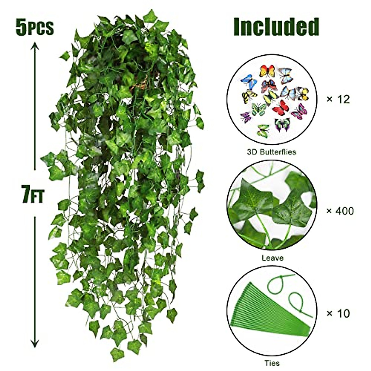 Fascidorm 5Pcs 35Ft Fake Vines for Bedroom with 12Pcs 3D Butterflies, Fake Ivy Vines for Room Decor with Fake Leaves, Artificial Greenery Ivy Garland for Wall Decor, Hanging Green Plant