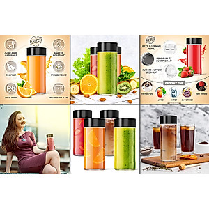 Glasstery Travel Glass Juicing Bottle - Jar Cups - Leak-proof Reusable Glass Water Bottle for Drinking Kombucha Tea Smoothies Milk – Shatter-Resistant Glass Jars with Lids (8, Glass)