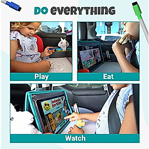 Kids Travel Tray with Dry Erase Board, Car Seat Tray for Food & Play Activity, Carseat Table Trays for Toddler, Kid Activity Desk for Air Travel, No-Drop Tablet Holder & Borders (Grey with Blue Frame)