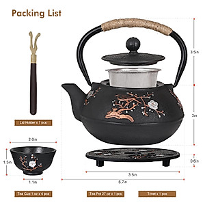 Japanese Style Cast Iron Teapot with 4 Tea Cups Trivet Tetsubin Tea Kettle with Infuser Chinese Tea Set for Adults Iron Tea Pots Black (Magpie and Plum Pattern)