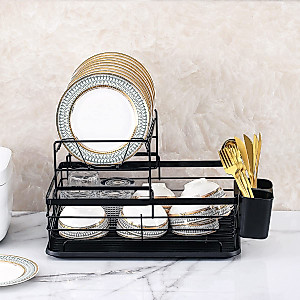 HOMQUEN 2 Layer Dish Drying Rack, Over The Sink Dish Drying Rack, Stainless Steel Dish Racks for Kitchen Counter, Kitchen Dish Drainer with Drainboard and Cup Holder (Black, 16.7''x12.4''x10.5'')