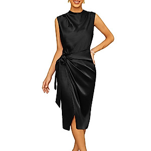 GRACE KARIN Women's Satin Sleeveless Mock Cowl Neck Faux Wrap Bodycon Dress Elastic Waist Wedding Guest Formal Midi Dress Black M
