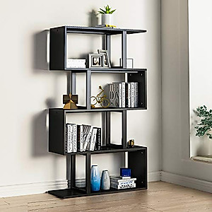 YITAHOME 5 Tiers Bookshelf, Modern S-Shaped Z-Shelf Style Bookshelves, Multifunctional Geometric Bookcase Storage Display Shelf for Living Room Bedroom Home Office, Black