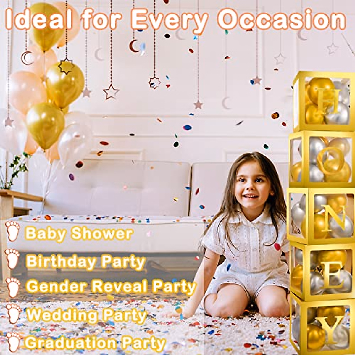 Baby Boxes with Letters for Baby Shower, 5 Clear Balloon Boxes with 78 Letters & Numbers, Baby Blocks for Bridal Shower Gender Reveal Decorations Birthday Wedding Party Grad Backdrop, Gold