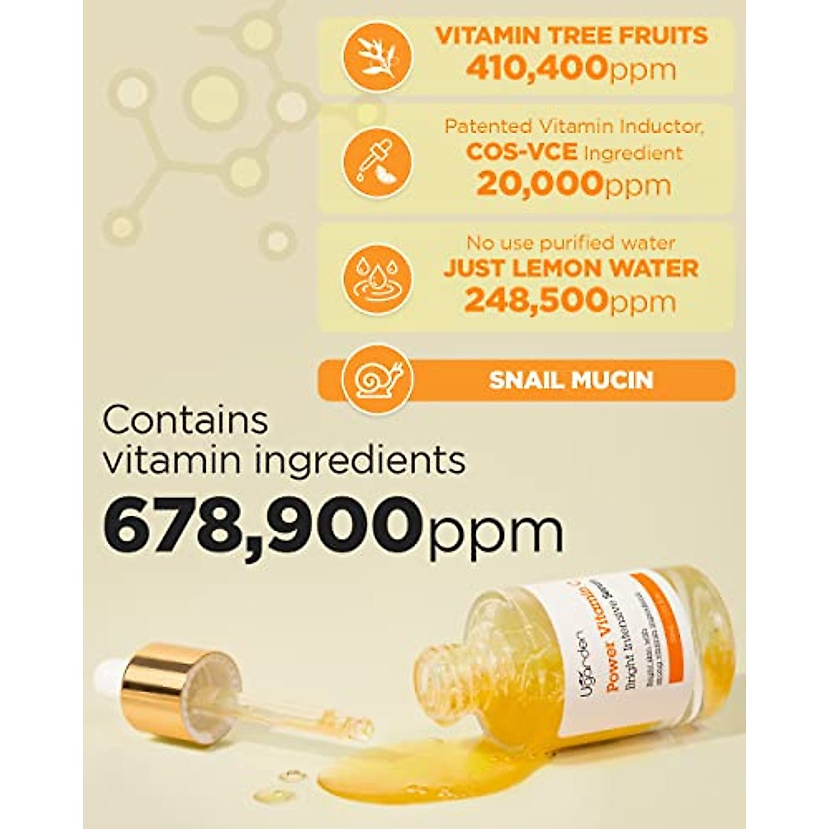 UGARDEN Power Vitamin C Bright Intensive Serum with Snail Mucin - Hypoallergenic Skin Glow & Rejuvenating Face Ampoule - Improves Skin Tone & Troubles, 1.01 fl.oz.