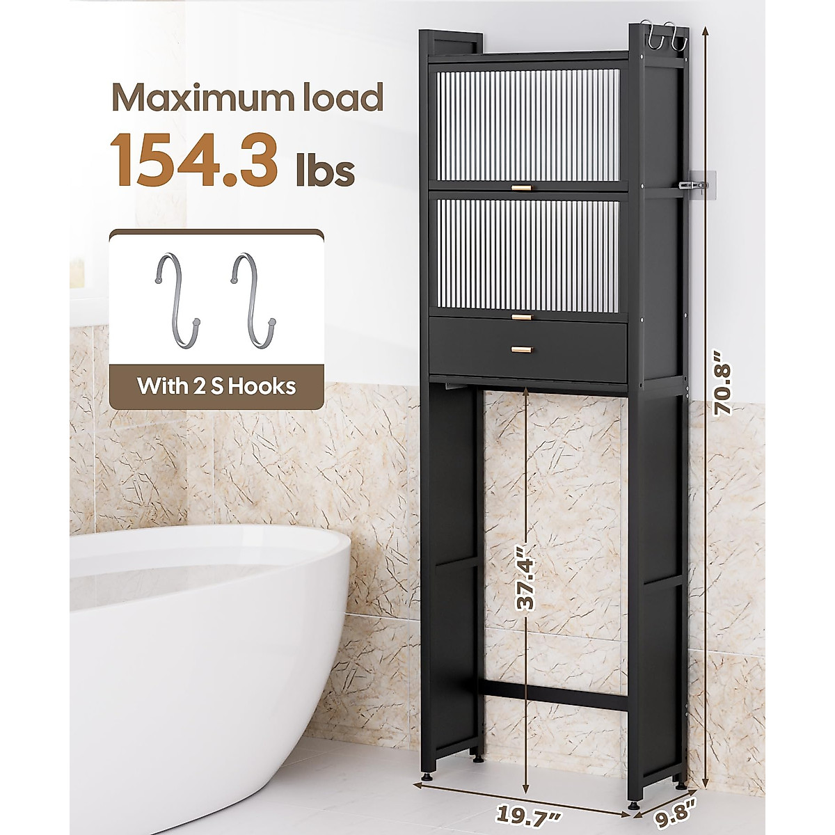 Cozivolife Over The Toilet Storage Cabinet with Drawer and Flip Door,Bamboo Bathroom Organizer Shelf with Anti-Tip Design and Waterproof Feet Pad,Freestanding Rack Above Toilet Space Saver (Black)