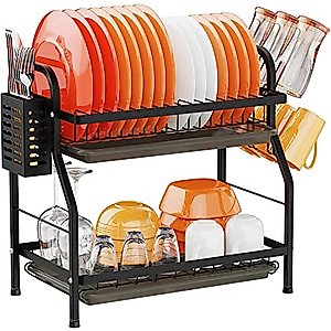 Swedecor Dish Drying Rack for Kitchen Counter, 2 Tier Rust-Resistant Dish Racks with Glass Holder and Utensil Holder Compact Dish Drainer with Drainboard Storage, Black