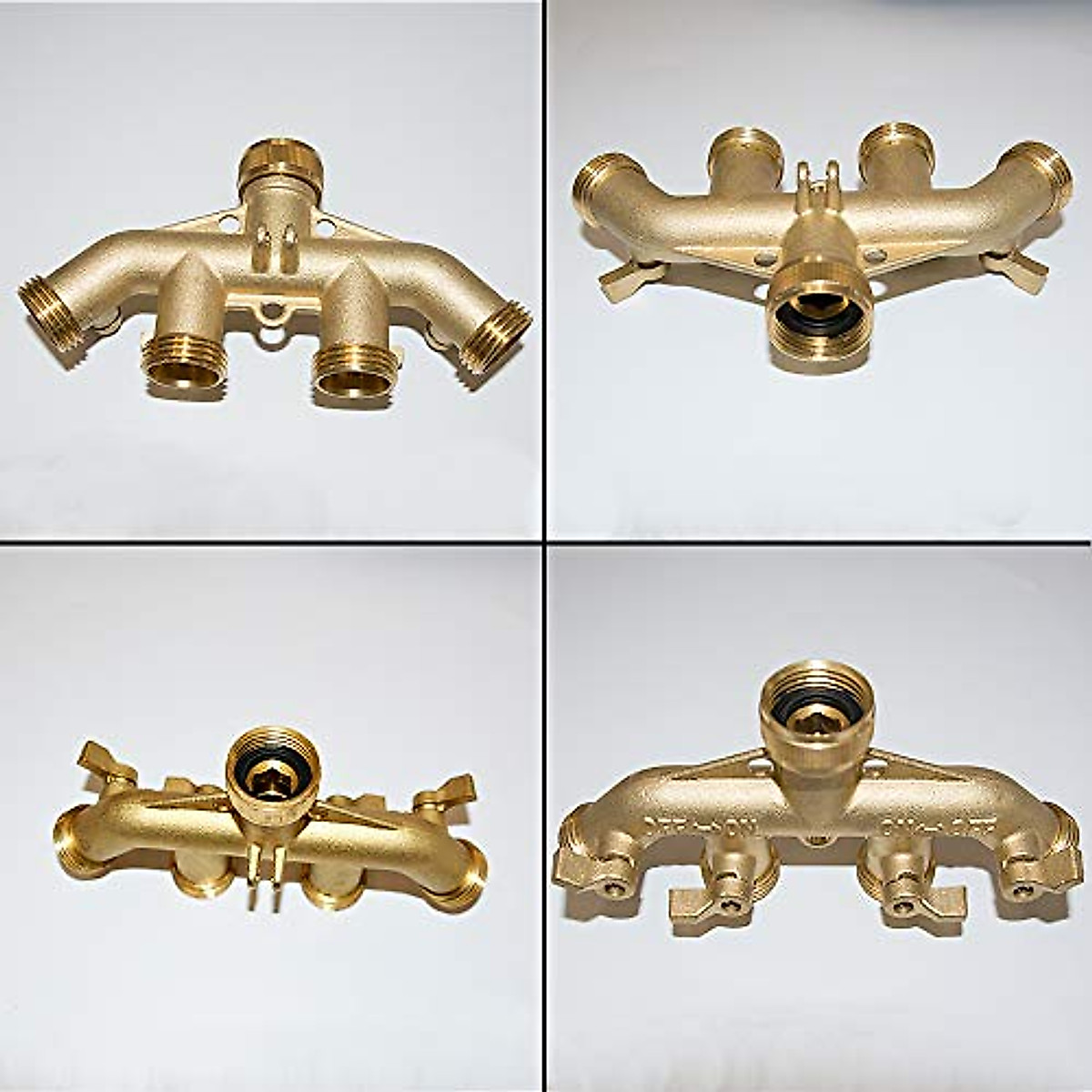 HQMPC 4 Way Hose Splitter 3/4" GHT Garden Hose Splitter 4 Way Solid Brass Hose Connector Heavy Duty Hose Spigot Adapter With 4 Valves 8 Gaskets +2 Seal Tapes