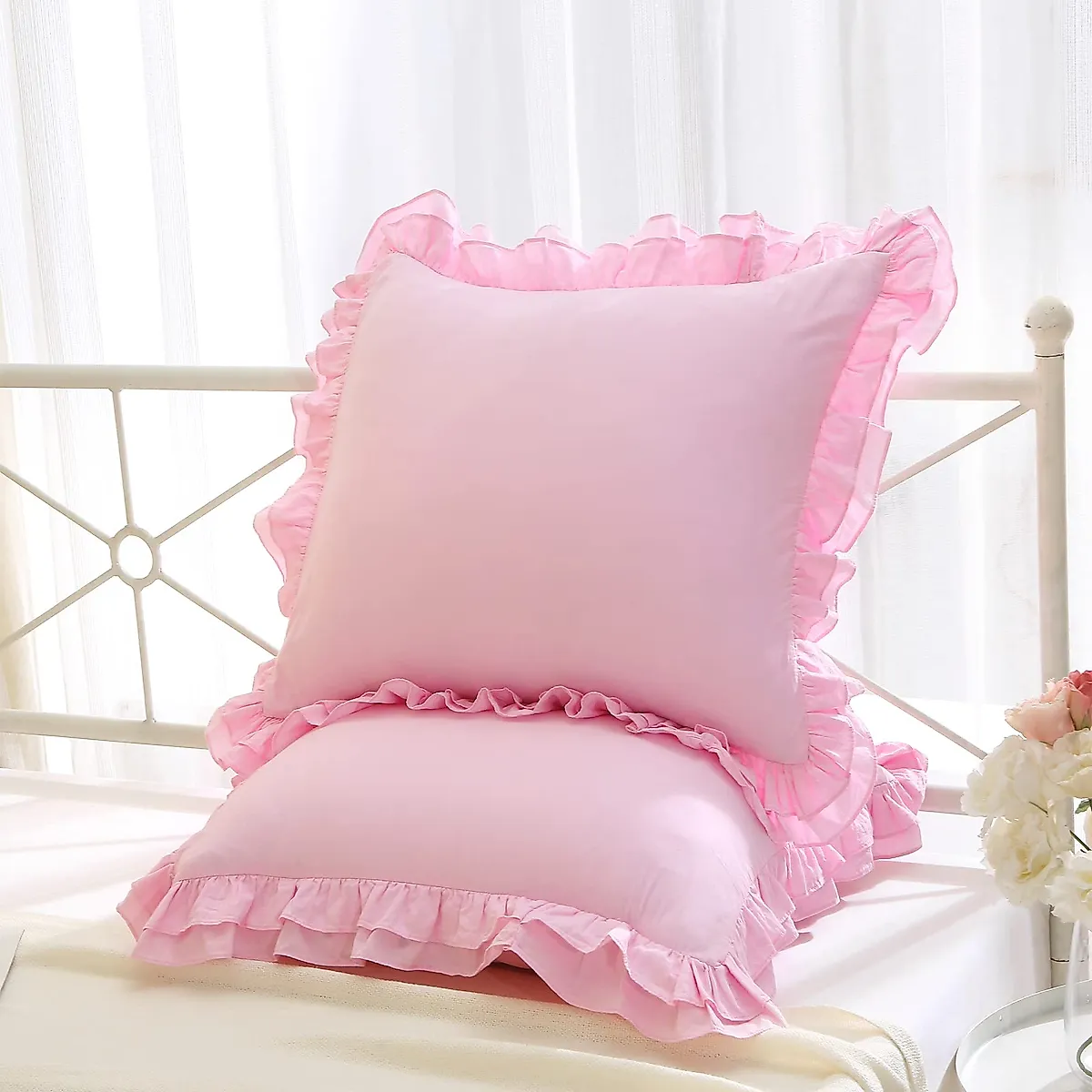 YOKKITA 2 Pack Pink Ruffle Euro Pillow Sham Covers 26x26 inches, 100% Cotton Pillowcases Princess Vintage and Shabby for Girls Bed Gift for Her