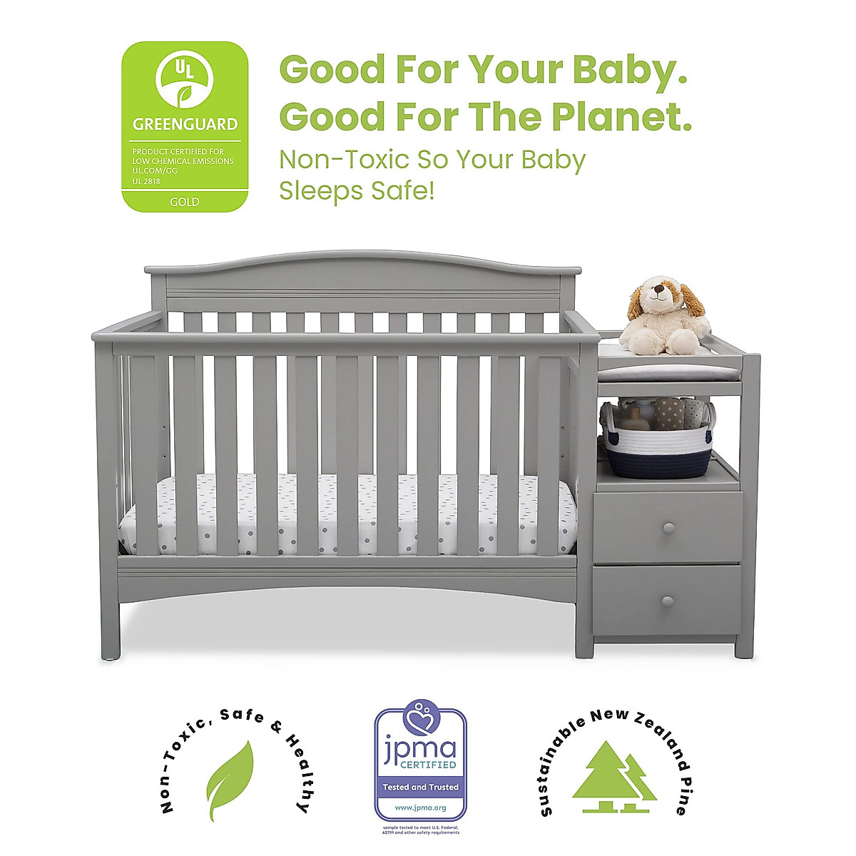 Delta Children Birkley Convertible Crib N Changer + Changing Pad and Cover [Bundle], Grey