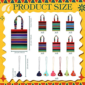 LEIFIDE 24 Pcs Mini Mexican Tote Favor Bags 10 x 8'' Mexican Bags Fiesta Mexican Candy Bags Assorted Color Gift Bags Bolsas Para Fiestas with Tassel for Mexican Cinco De Mayo Party Decoration Supplies