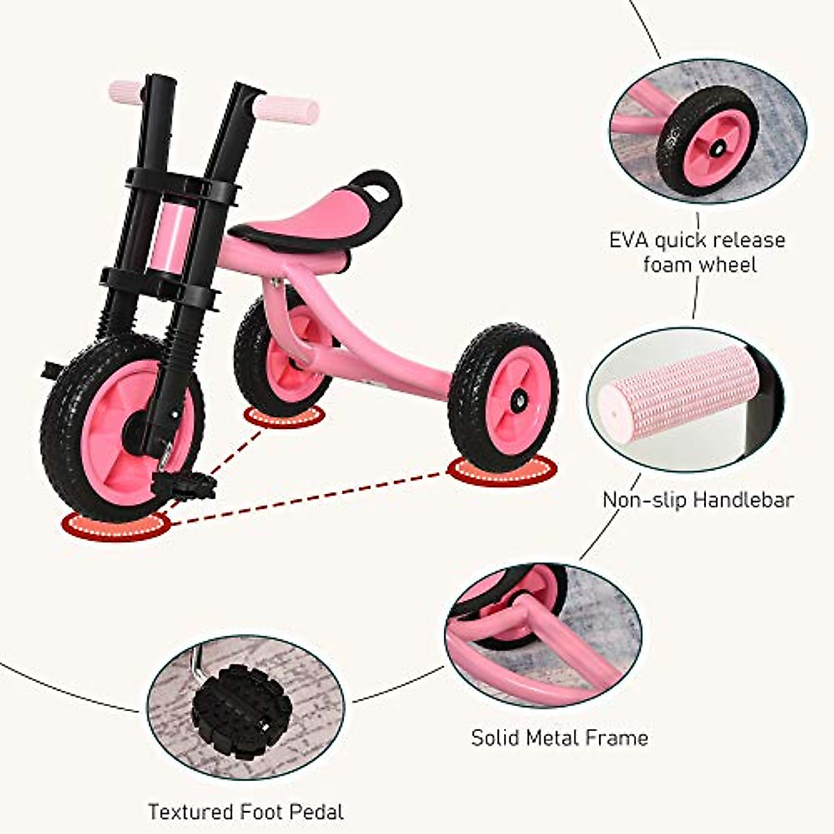 Qaba 3 Wheel Kids Tricycle Toddler Walking Trikes with Adjustable Seat for 3-6 Years Old Boys & Girls Pink