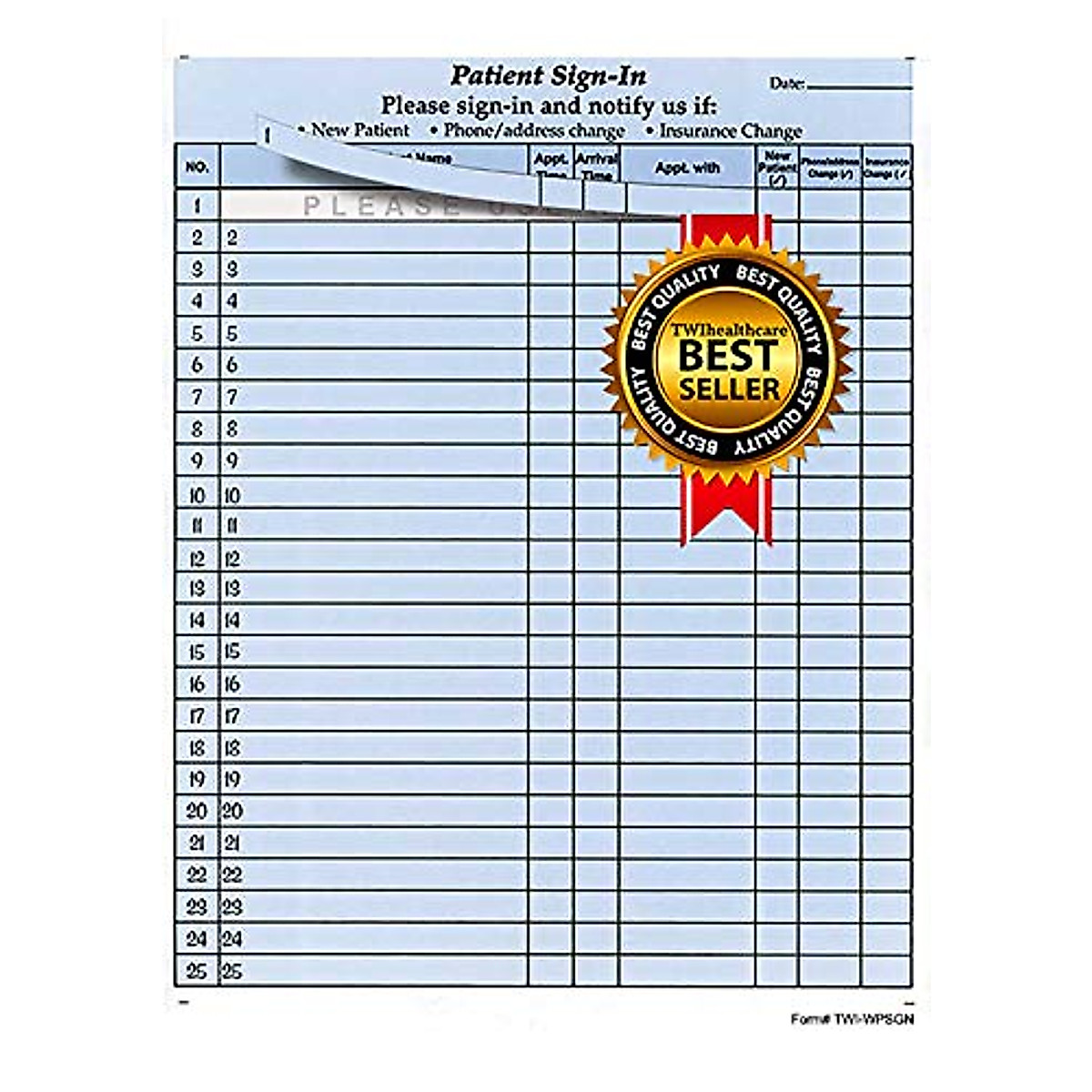 Patient Sign-in Sheets, 8-1/2 X 11 (Blue) Carbonless Form (3,125 Patient Labels) HIPAA Compliant - Form # TWI-WPSGN