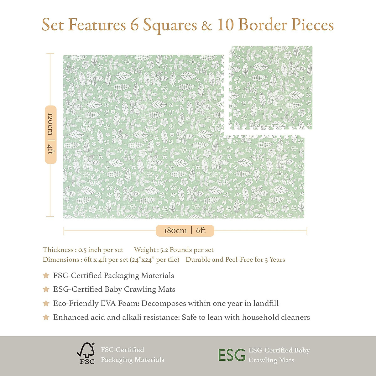 Popsykosy Premium Exercise & Baby Foam Play Mats - Stylish & Large Non-Toxic Puzzle Floor Mat - 6 Tiles - Spacious 6ft x 4ft - Peel-Resistant Reinforced - Soft, Thick, Waterproof - Olive Green