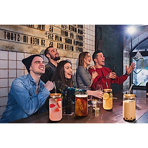 YMQAHWY 4Pcs Set Drinking Glasses with Bamboo Lids and Glass Straw, 16oz Can Shaped Glass Cups, Beer Glasses, Iced Coffee Cups, Glass Tumbler Include 2 Cleaning Brushes, Great for Cocktail,Gifts