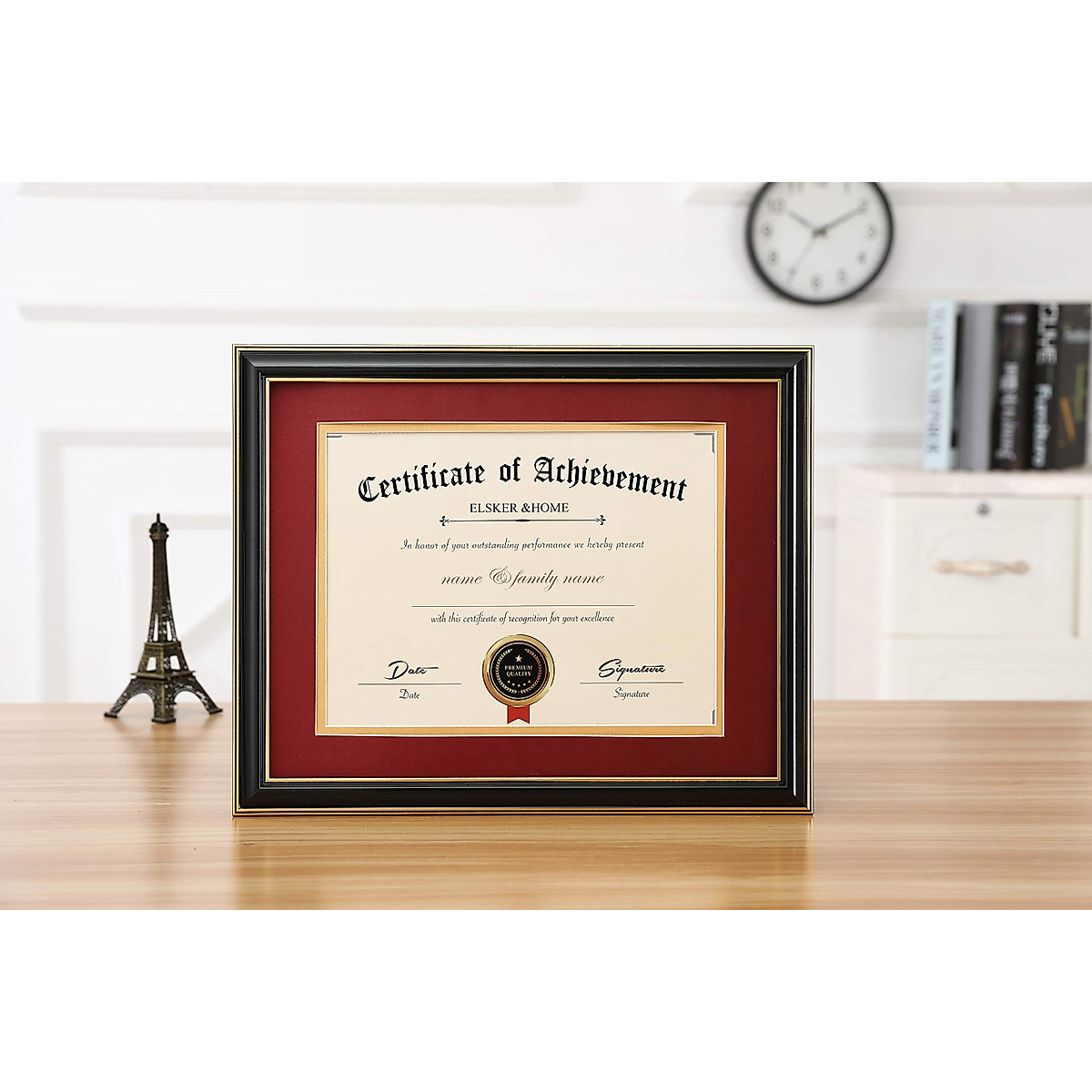 ELSKER&HOME 8.5x11 Document Frame - High Gloss Black Wood Color Frame - Made for Certificates Sized 8.5x11 Inch with Mat and 11x14 Inch Without Mat (Double Mat, Red with Golden Rim)