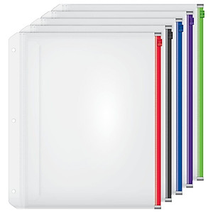 Cardinal Plastic Zippered Binder Pockets, 3-Hole Punched, Fits Full Letter Size 8-1/2" x 11" Sheets, Clear with Multicolor Zippers, 5-Pack (14650)