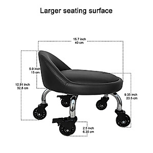 Rolling Stool with Backrest VAPAA TAIDE 450 Lbs High Weight Capacity PU Leather Roller Seat and Heavy-Duty Crystal Universal Wheels for Men Women Boy Girl Furniture Gift, Home Office Black