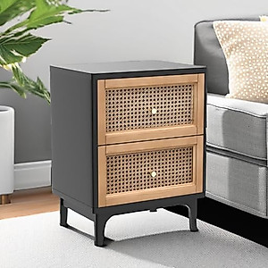 COZAYH Set of 2 Fully-Assembled 2-Drawer Woven Cane Front Accent Nightstand with Brass Knobs, Black