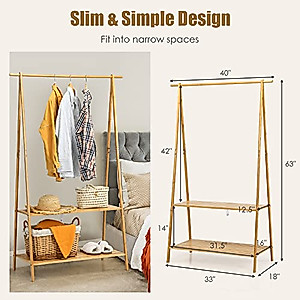 Tangkula Bamboo Garment Rack, Freestanding Clothes Rack with 2-Tier Storage Shelves, Easy Assemble, Space-Saving Clothing Rack for Entryway, Bedroom (Natural)