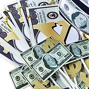 YiiiGoood Money Theme Decoration KIT Bill Dollar Signs Birthday Banner & Cupcake Toppers & Crown Set for Birthday Casino Wedding Showers Retirement Anniversary Graduations Party