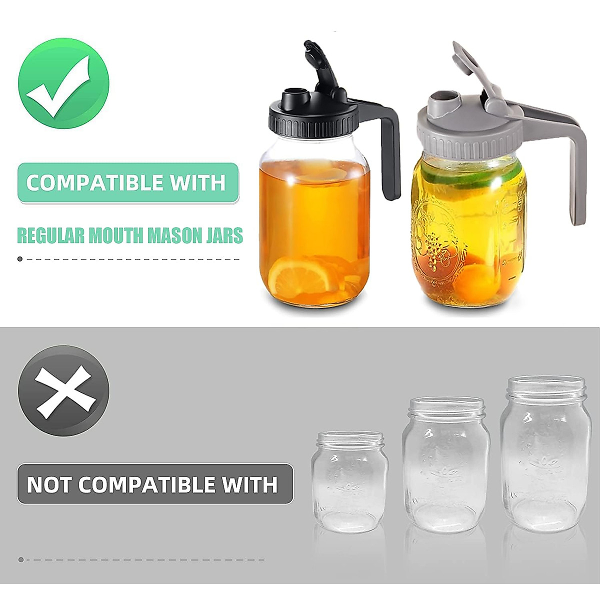 CONNYAM 4 Pack Mason Jar Flip Cap Lids with Handle, Compatible with Ball & Kerr, Airtight and Leak-Proof Seal, Easy Pouring Spout, Turns Jars into Pitchers