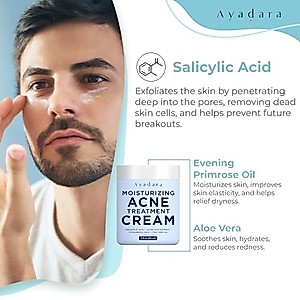 Moisturizing Acne Treatment Cream, Salicylic Acid Face Moisturizer for Oily & Acne Prone Skin, Pimple, Blackhead, Whitehead, Hormonal, & Cystic Acne Treatment for Men, Women, 90-Day Supply by Ayadara
