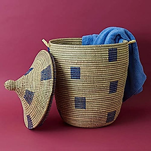 Senegal Extra Large Hand Woven Blue Beige Geometric Grass Basket with Hooded Lid