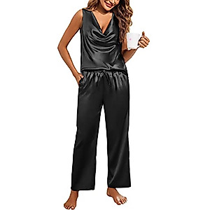 Ekouaer Women's Top and Long Pant Nightwear Cowl Neck 2 Piece Satin Silk Pajama Set Plus Size Black