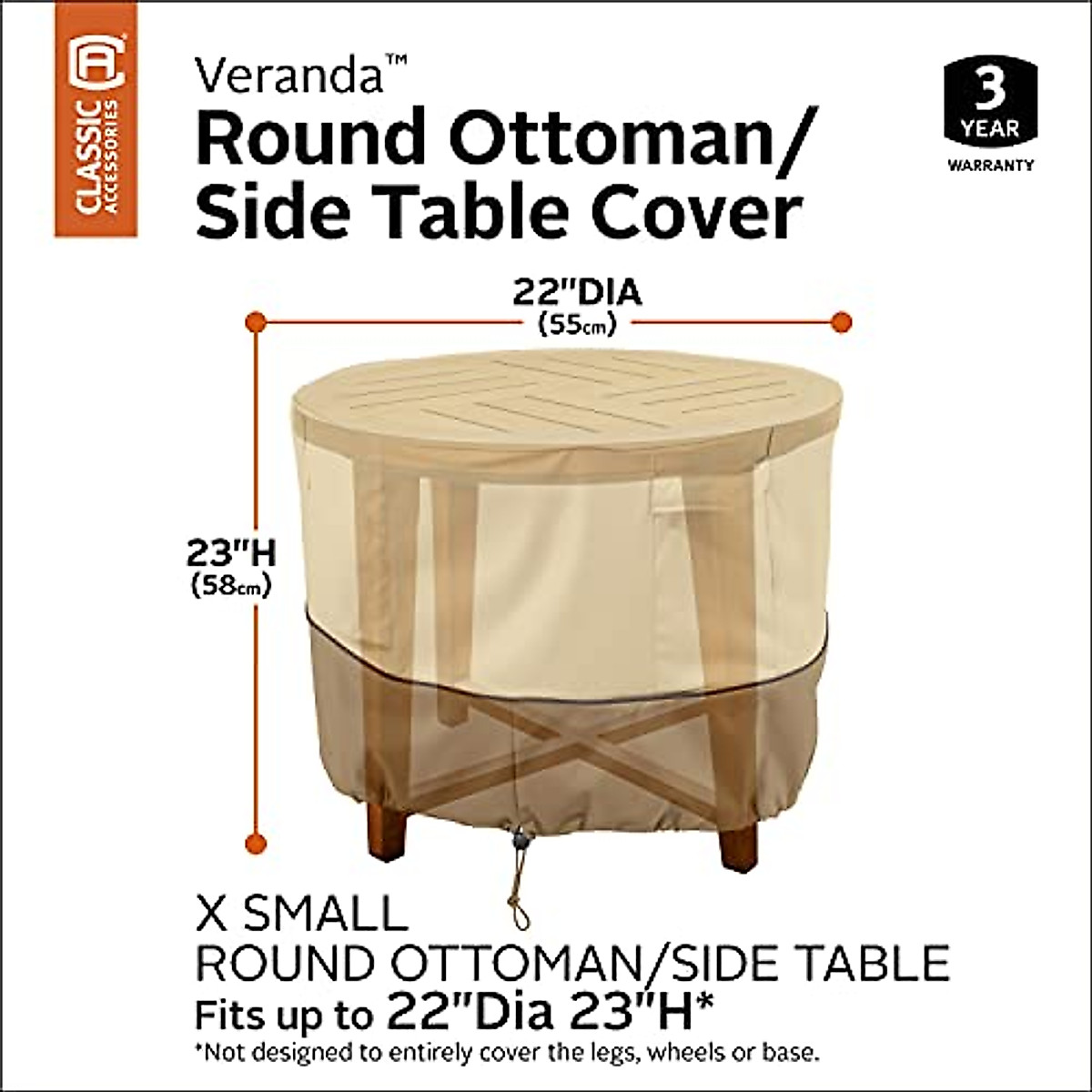 Classic Accessories Veranda Water-Resistant 22 Inch Round Patio Ottoman/Coffee Table Cover, Outdoor Ottoman Cover
