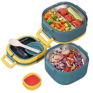 Stackable Lunch Container for Adults with 45oz Stainless Steel Salad Container for Lunch Bento Box, Leak-Proof Durable All-in-One Lunch Box Built In Divider, Spoon, Dressing Container (Blue)