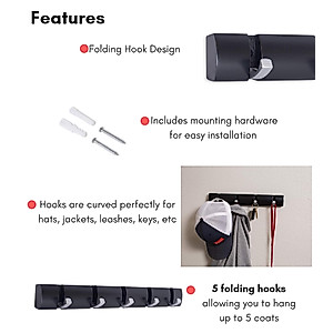 BIRDROCK HOME Folding Hook Coat and Hat Rack - 5 Hooks - 18 Inches - Wall Mount - Decorative Home Storage - Entryway Foyer Hallway Bathroom Bedroom Rail - Satin Nickel Hooks - Black Rail