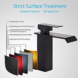 Wovier Matte Black Waterfall Bathroom Sink Faucet with Cover Plate,Single Handle Single Hole Brass Lavatory Vanity Faucet,Basin Mixer Taps with Supply Hose