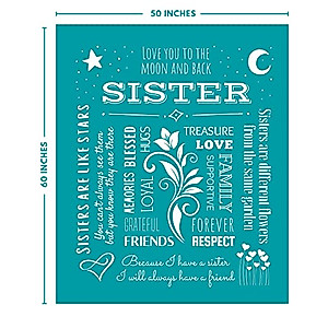 Gifts for Sister Blanket, Mothers Day, Birthday Gift for Sister from Sister, Say Happy Birthday Sister with a Snuggly Soft Sister Throw Blanket 60x50 Inches (Teal, Fleece)